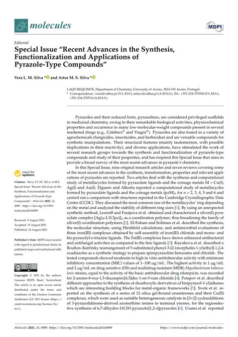 Pdf Special Issue “recent Advances In The Synthesis Functionalization And Applications Of