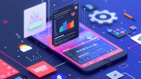 Application Of Smartphone With Business Graph And Analytics Data On Isometric Mobile Phone Stock