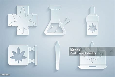 마리화나 조인트 또는 대마초 올리브 오일을 설정하고 노트북 마리화나 흡연용 유리 봉 및 의료 잎 아이콘을 보관하십시오 벡터 3차원 형태에 대한 스톡 벡터 아트 및 기타