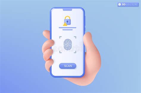 3d Hand Holding Mobile Phone Scan Fingerprint Cyber Secure Icon Symbol