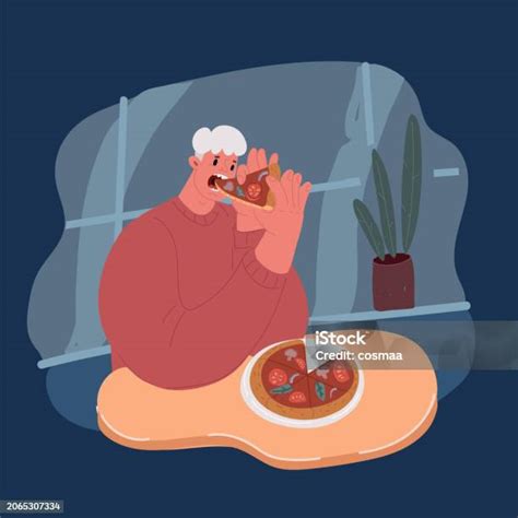 피자의 큰 조각을 먹고 상자에 피자를 들고 남자의 만화 벡터 그림 건강한 식생활에 대한 스톡 벡터 아트 및 기타 이미지 건강한 식생활 남자 대형 Istock