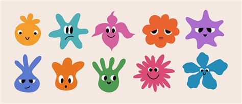 큰 눈을 가진 추상적 인 기본 모양의 세트 플랫 스타일의 오가닉 플로럴 요소 컬렉션 캐릭터 스티커 다양한 감정을 가진 얼굴 감정에 대한 스톡 벡터 아트 및 기타 이미지