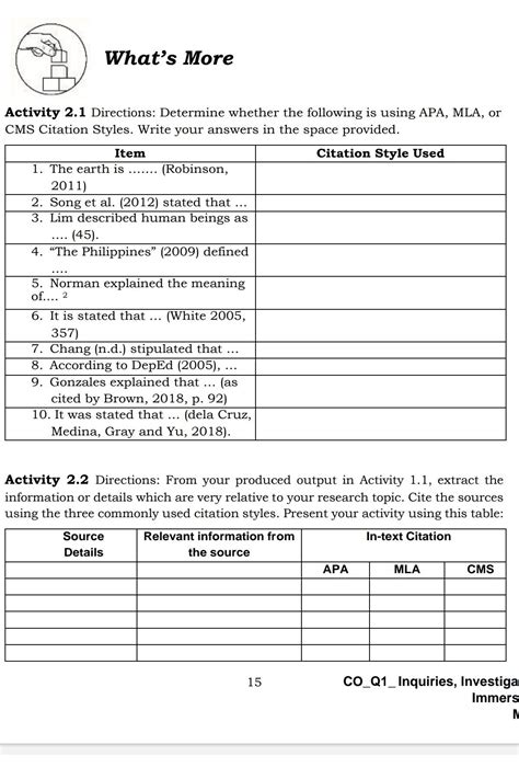 Whats More Activity 2 1 Directions Determine Whether The Following Is Using Apa Mla Or Cms