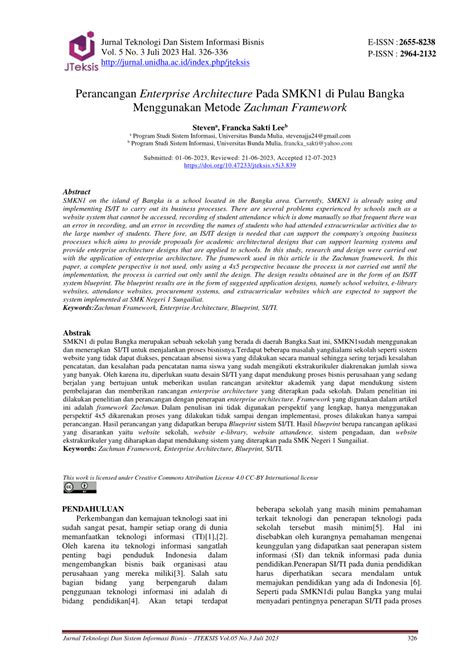 PDF Perancangan Enterprise Architecture Pada SMKN Di Pulau Bangka Menggunakan Metode Zachman