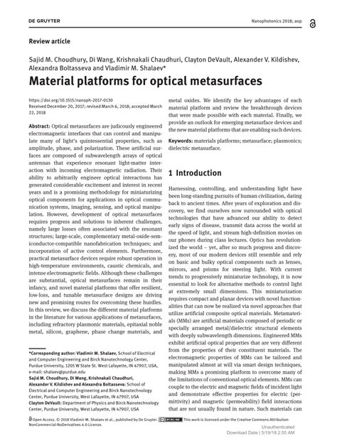 Pdf Material Platforms For Optical Metasurfaces