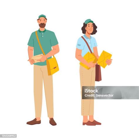 우체부 나 우체부 편지 캐리어 는 유니폼에 남자와 여자를 격리 평면 만화 캐릭터 가방 및 종이 소포 우체국 노동자벡터 포티 직업