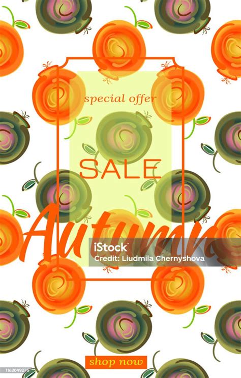 판매 가을 템플릿입니다 야생 블루베리와 카우베리 또는 사과의 여러 가지 색상의 세트패턴 텍스트 판매 가을 트렌디 한 오렌지와 어두운 녹색 색상의 벡터 그림입니다 판매웹사이트