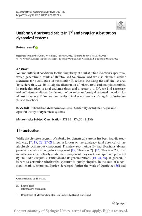 Uniformly Distributed Orbits In Td And Singular Substitution Dynamical Systems