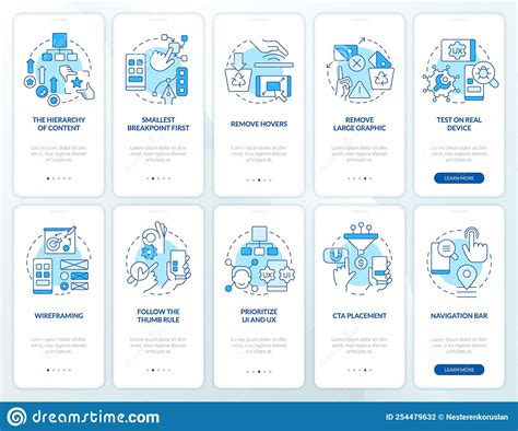 Mobile First Design Blue Onboarding Mobile App Screen Set Stock Vector