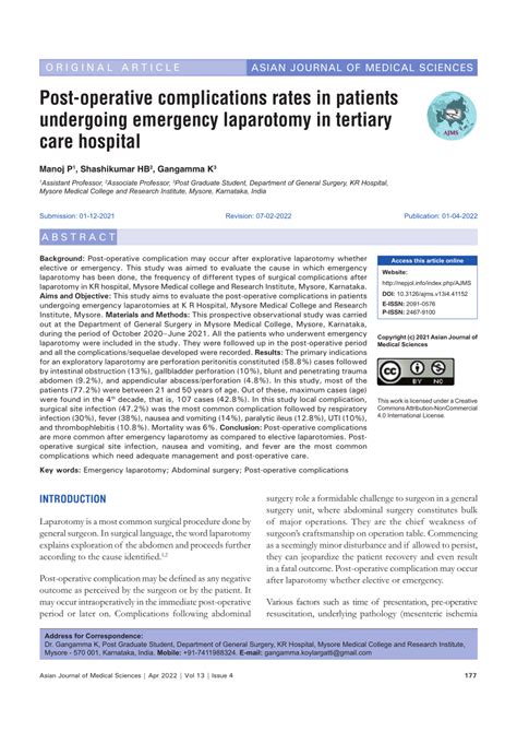 Pdf Post Operative Complications Rates In Patients Undergoing Emergency Laparotomy In Tertiary