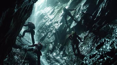 A Determined Team Of Spelunkers Climb Up A Steep Rocky Wall Inside A