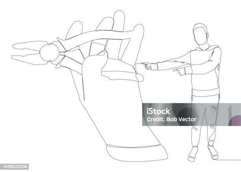 펜치 집게를 손가락으로 가리키는 남자의 연속적인 라인 물체를 안전하게 고정하는 데 사용되는 수공구입니다 가는 선 그림 벡터 개념입니다 등고선 그리기 창의적인 아이디어