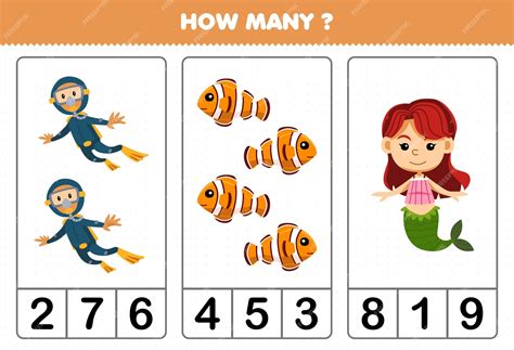 얼마나 많은 귀여운 만화 다이버 물고기 인어 인쇄 가능한 수중 워크시트를 세는 어린이를 위한 교육 게임 프리미엄 벡터