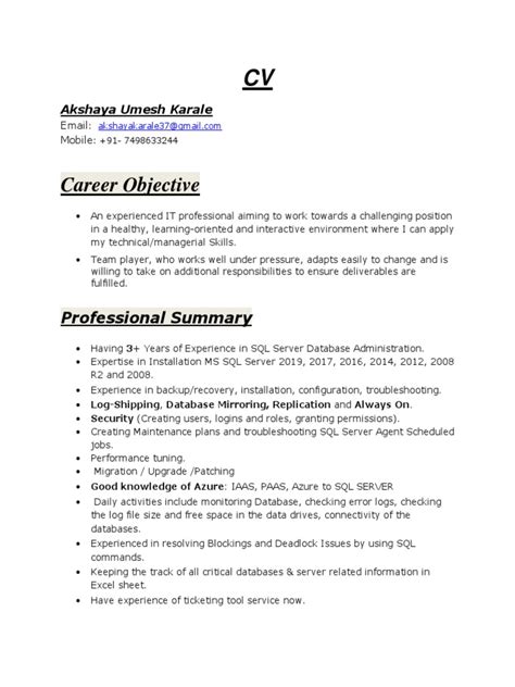 akshaya 3 years exp sql server dba cv pdf databases
