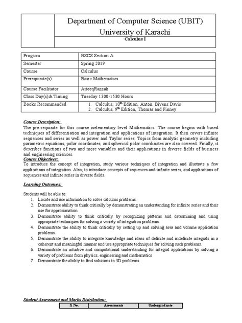 Course Outline Calculus Ubit Pdf Integral Calculus