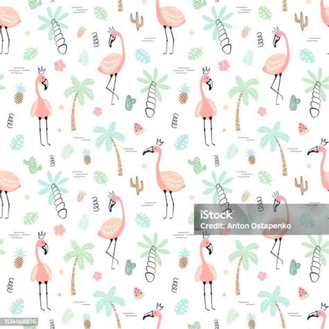 핑크 플라밍고와 나뭇잎 선인장 과일 야자수 크라운과 완벽 한 열 대 패턴입니다 벡터 여름 손으로 그린 그림 아이 들을 위한
