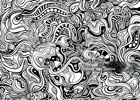 많은 세부 사항과 라인 색칠 페이지와 흑백 추상 장식 복잡한 패턴 놀라운 장식으로 벡터 손으로 그린 그림 사이키델릭 초현실적 인 흑백 질감 강렬하고 밝은 색상에 대한 스톡
