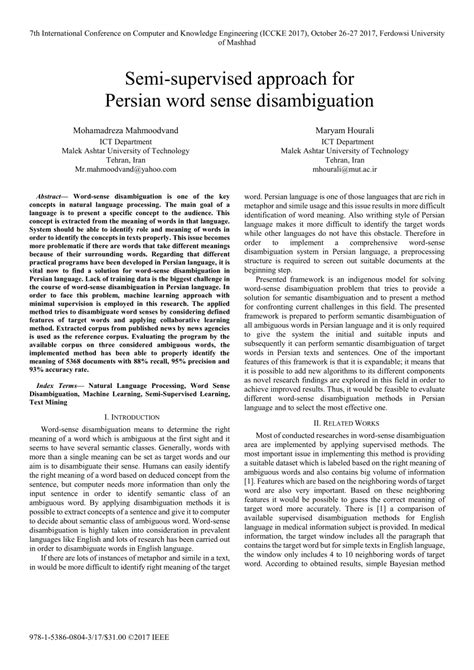 Pdf Semi Supervised Approach For Persian Word Sense Disambiguation
