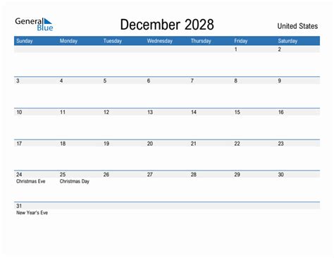 December 2028 Monthly Calendars With United States Holidays
