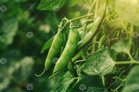 Green Beans Grow On Stem With Small Leaves Fresh Produce In Garden