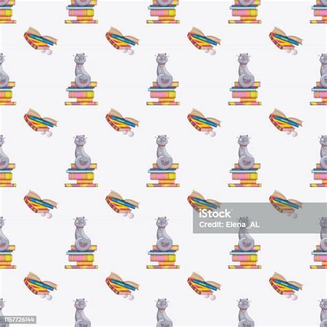 책과 귀여운 영리한 고양이의 원활한 패턴 낙서 그림입니다 만화 배경입니다 벡터 고양이 새끼에 대한 스톡 벡터 아트 및 기타 이미지 고양이 새끼 공부 교육 Istock