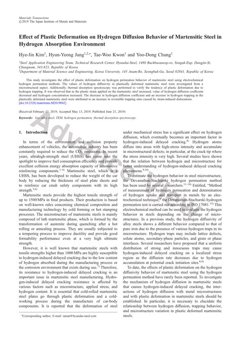 Pdf Effect Of Plastic Deformation On Hydrogen Diffusion Behavior Of Martensitic Steel In