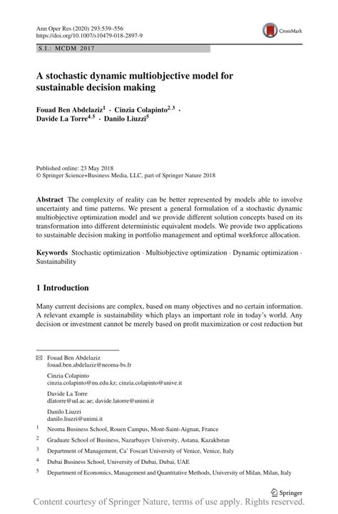 A Stochastic Dynamic Multiobjective Model For Sustainable Decision