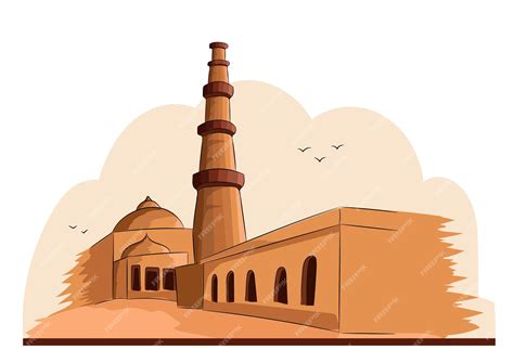 뉴델리에 있는 Qutub Minar 기념비의 벡터 그림 Qutab Minar Qutab Minar 이미지 프리미엄 벡터
