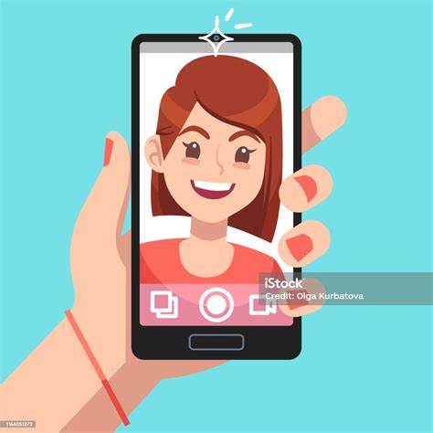 여자 셀카입니다 스마트 폰에 자기 사진 얼굴 초상화를 복용 아름다운 소녀 전화 카메라 중독 만화 벡터 개념 셀카에 대한 스톡 벡터 아트 및 기타 이미지 Istock