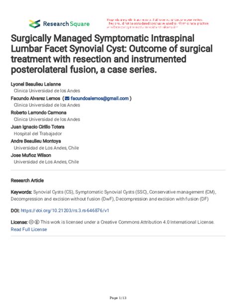 Pdf Surgically Managed Symptomatic Intraspinal Lumbar Facet Synovial