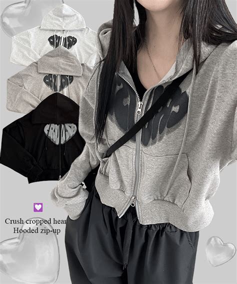 투웨이유니크 크러쉬 크롭 하트 후드집업 에이블리