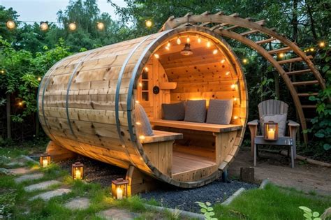 Premium Photo Wooden Barrel Sauna In Garden Yard Blurred Background