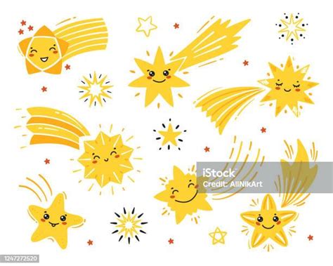 작은 귀여운 떨어지는 별의 벡터 세트 낙서 다른 촬영 스타 아이콘 휴일 또는 생일 파티 디자인을위한 만화 혜성 컬렉션 어린이를 위한 가와이 문자 별에 대한 스톡 벡터 아트