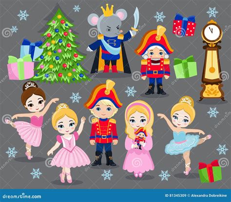 Nutcracker Ballet Dancer Mouse King And Christmas Elements Coloring Page Black Outline Vector