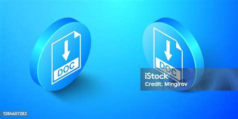 Isometric Doc 파일 문서 아이콘입니다 파란색 배경에서 격리된 Doc 단추 아이콘을 다운로드합니다 파란색 원 버튼입니다 벡터 개념에 대한 스톡 벡터 아트 및 기타