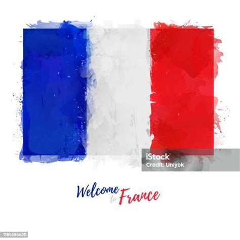 프랑스 배너에 오신 것을 환영합니다 수채화 스타일의 국기 프랑스 공화국 프렌치 심볼과 프린트 벡터 일러스트레이션 기에 대한 스톡 벡터 아트 및 기타 이미지 Istock