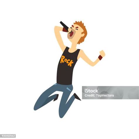 점프 액션에 마이크에 노래 하는 재미 있는 남자 록 밴드의 리드가 수 가 수 무대에서 공연 셔츠와 청바지에 젊은 남자 평면 벡터 디자인 Film Festival에 대한 스톡