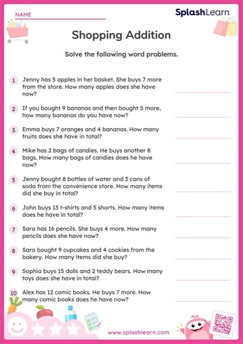 Add Within 20 Shopping Word Problems — Printable Math Worksheet Worksheets Library