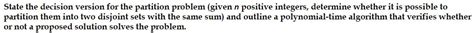 solved state the decision version for the partition problem