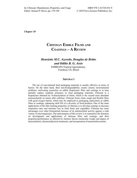 Pdf Chitosan Edible Films And Coatings A Reviewainfocnptiaembrapa