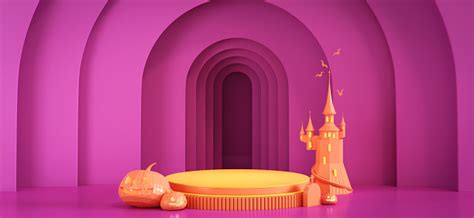 할로윈 호박과 성 연단 받침대 제품 디스플레이 배경 3d 렌더링 10월에 대한 스톡 사진 및 기타 이미지 10월 3차원