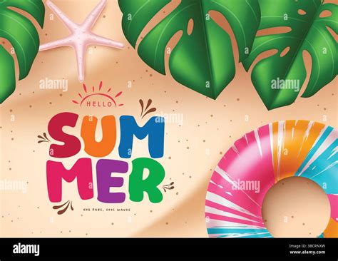 Hello summer greeting text in sand with floater starfish and monstera leaves, beach elements for ...