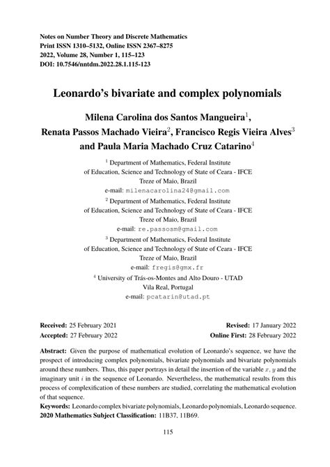 Pdf Leonardos Bivariate And Complex Polynomials