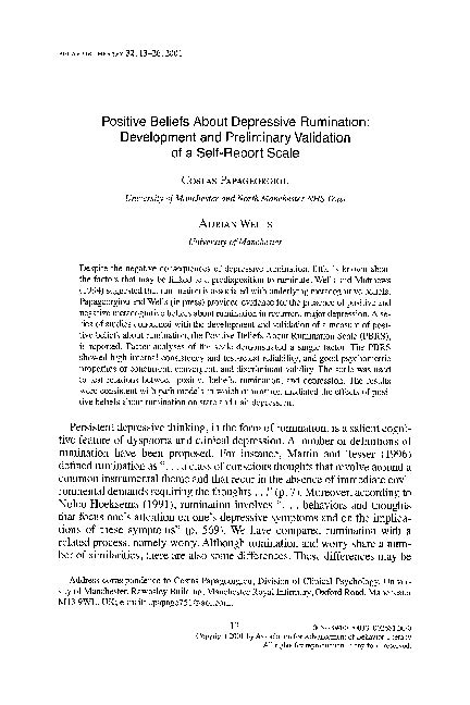 Pdf Positive Beliefs About Depressive Rumination Development And Preliminary Validation Of A