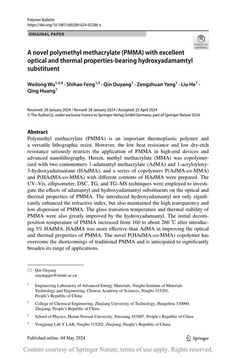 A Novel Polymethyl Methacrylate Pmma With Excellent Optical And Thermal Properties Bearing