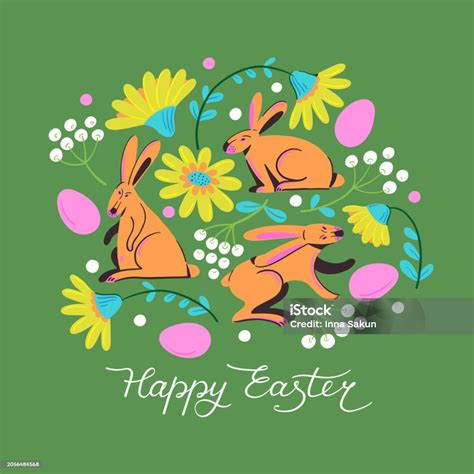 행복한 부활절 인사말 카드 귀여운 토끼와 토끼 달걀 꽃이 있는 포스터 봄 휴가에 대 한 벡터 일러스트 레이 션 가축에 대한 스톡 벡터 아트 및 기타 이미지 Istock
