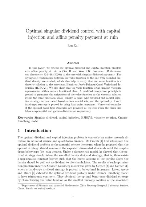 Pdf Optimal Singular Dividend Control With Capital Injection And