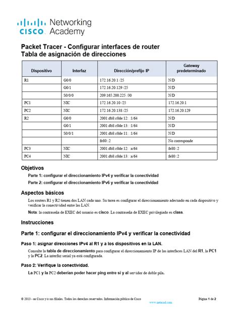 1 4 7 Packet Tracer Configure Router Interfaces Es Xl Pdf Dirección Ip Enrutador