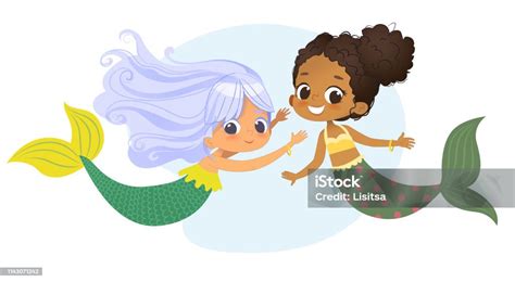 인 어 아프리카 백인 캐릭터 친구 님프입니다 젊은 수 중 아프리카계 미국인 여성 귀여운 신화 공주 그림 수생 고립 된 바다 사이렌 그림 편평한 만화 벡터 일러스트 여자