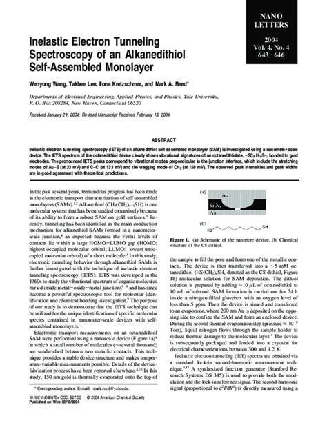 Pdf Inelastic Electron Tunneling Spectroscopy Of An Alkanedithiol Self Assembled Monolayer